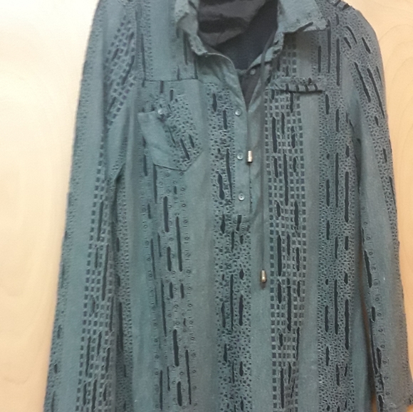 Tops | Blue Distressed Button Collared Tunic Top | Poshmark